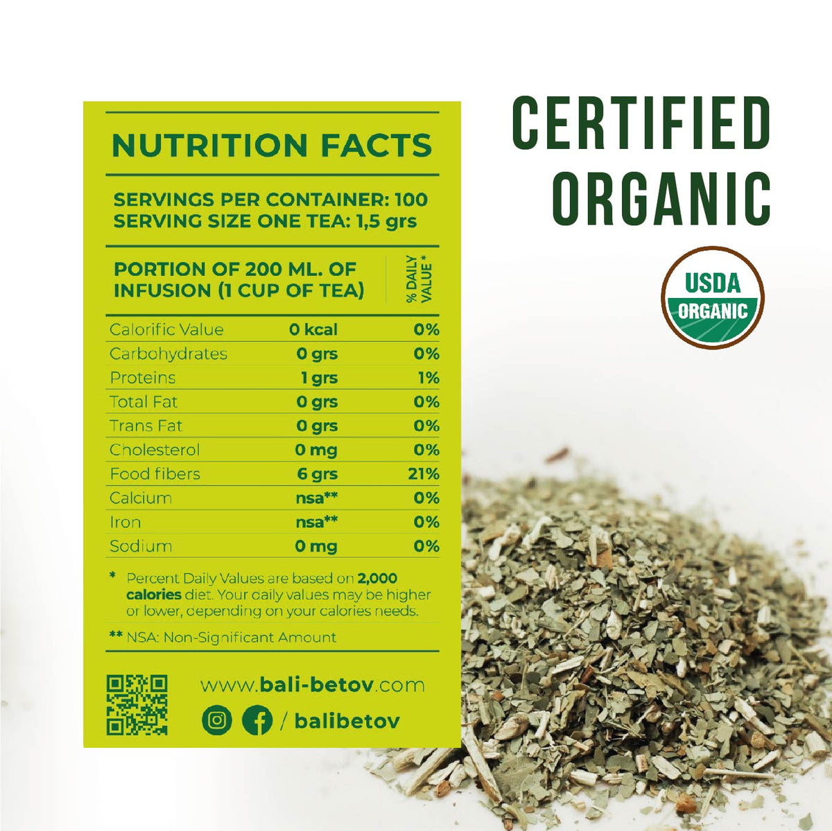 Organic Yerba Mate Tea Bags By Balibetov - Unsmoked 100 Tea Bags