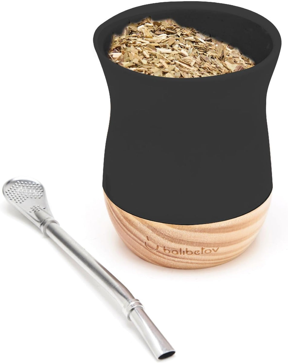 Classic Ceramic Yerba Mate Gourd Set with Wooden Base (Black) – Balibetov