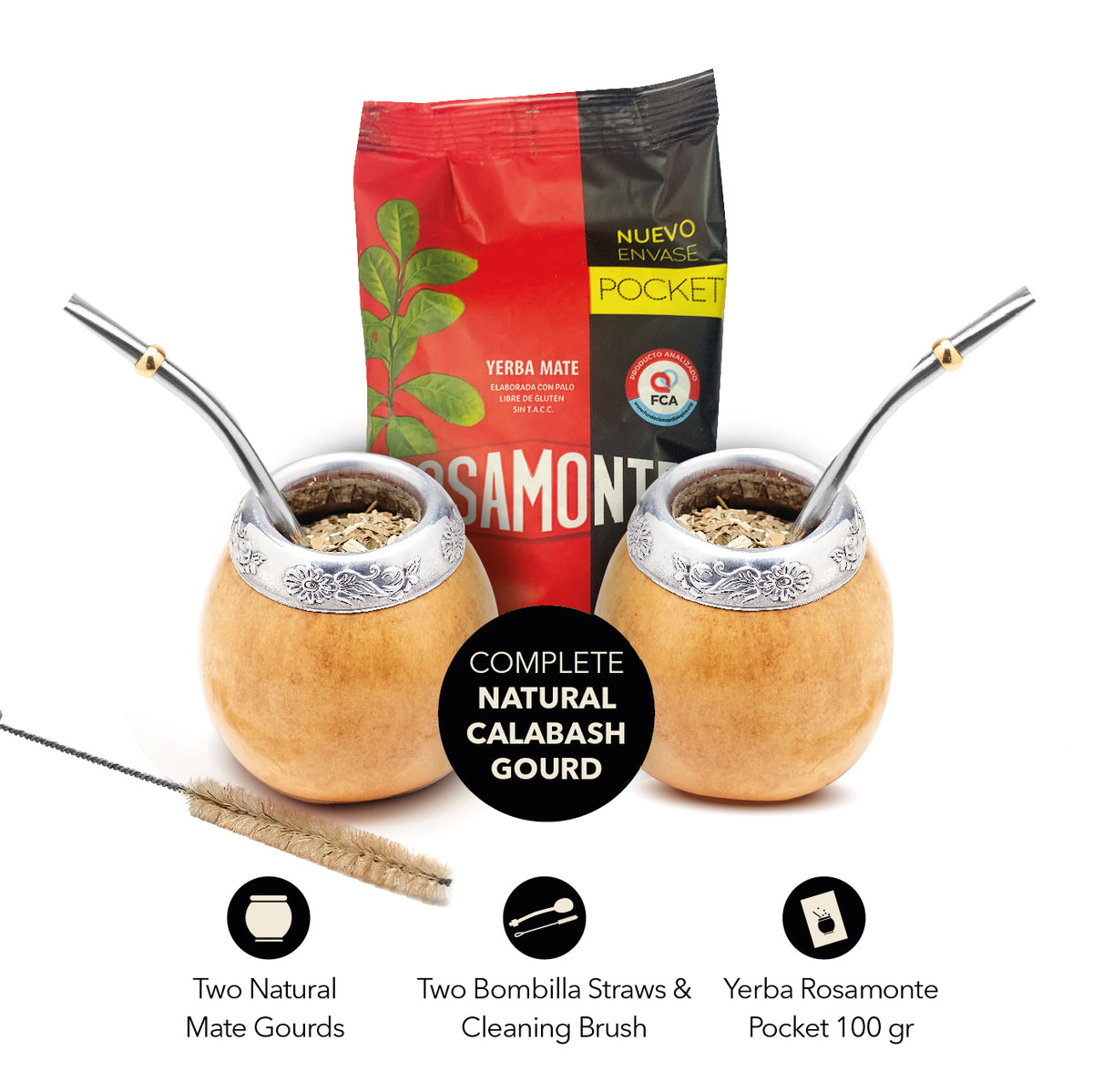 Traditional Calabash Mate Gourd Set for Two - Yerba Mate Bag Included ...